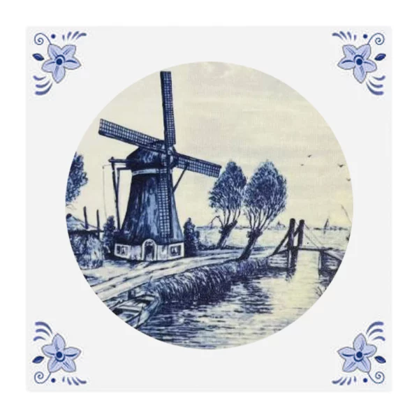 Delfts blauw tegeltje - Hollandse molen - Klompjes.com