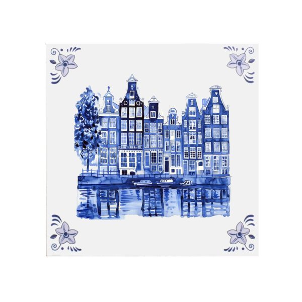 Delft blue tile with Amsterdam canal houses - Klompjes.com